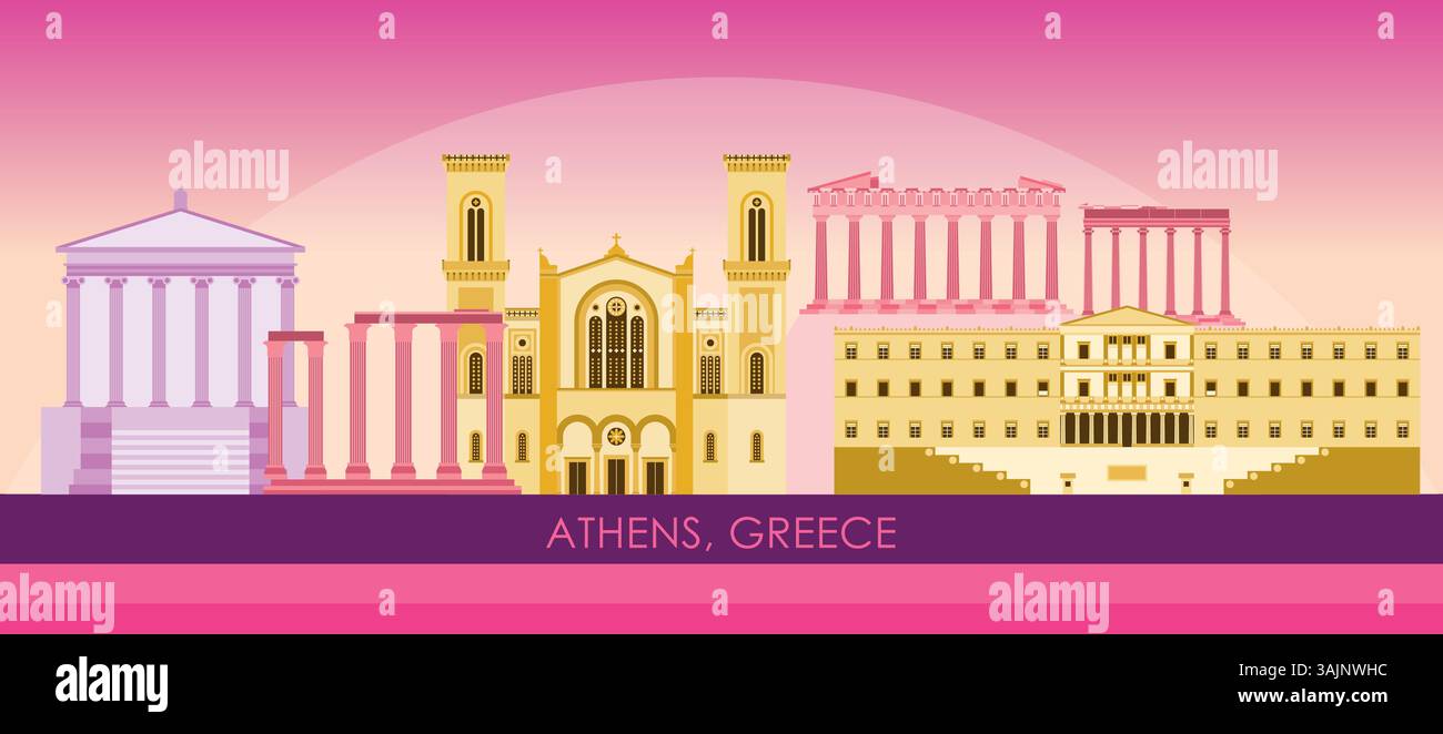 Sunset Skyline panorama of city of Athens, Greece - vector illustration ...