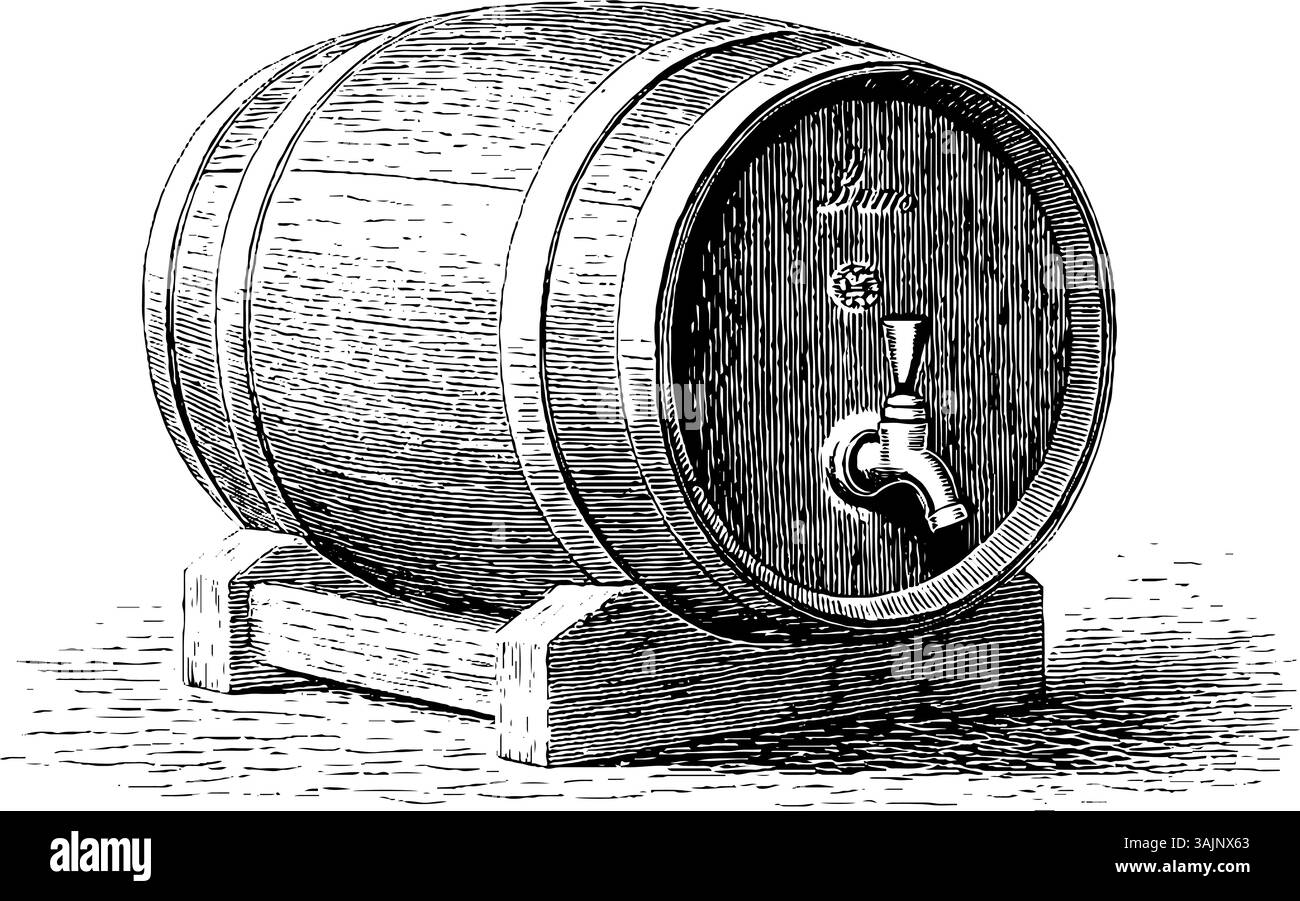 Vintage wooden beer barrel with tap on stand - rustic hand-drawn style ...