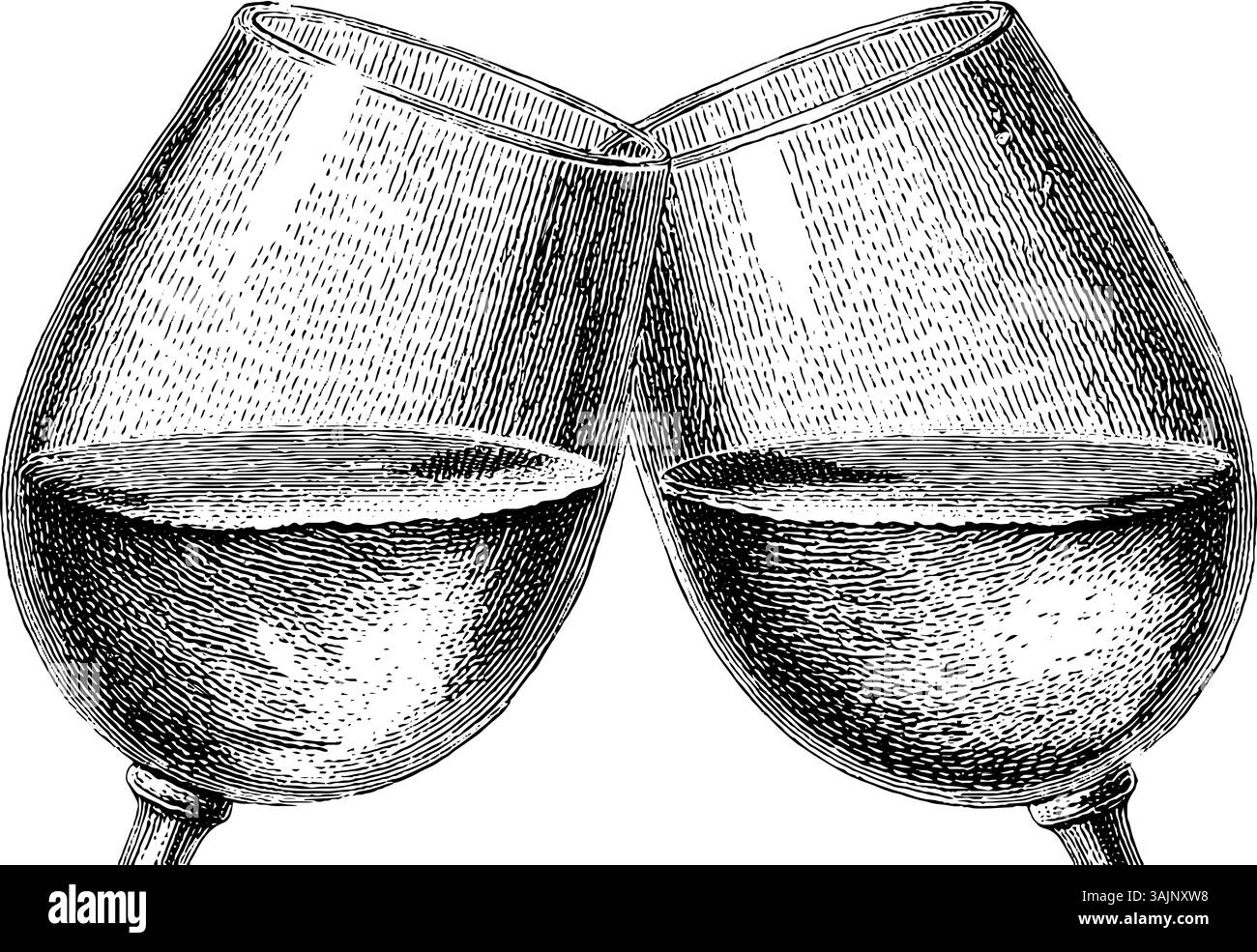 Detailed vintage etching of two clinking wine glasses in celebration ...