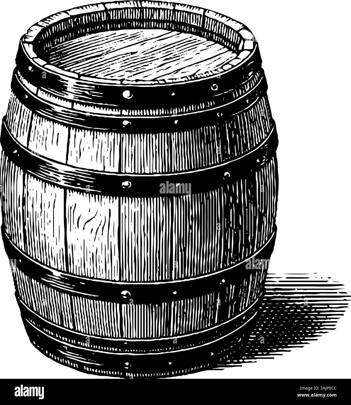 Wooden barrel illustration with detailed shading and texture in black ...