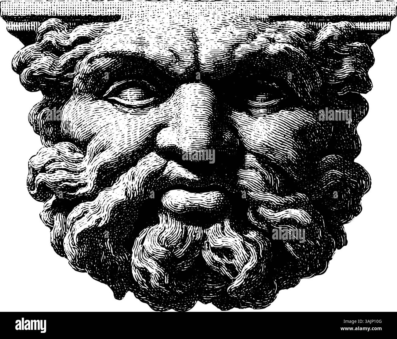 Detailed engraving of mythical bearded man's face with intense ...