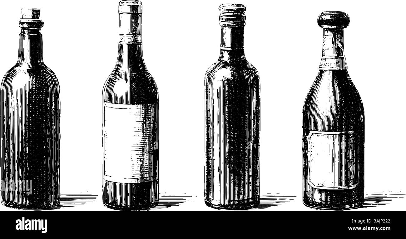 Four vintage glass bottles in black and white ink drawing Stock Vector ...
