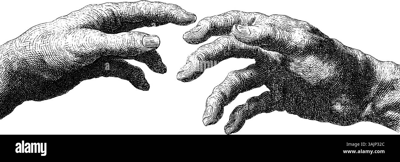 Artistic depiction of two human hands reaching out in classic pen ...