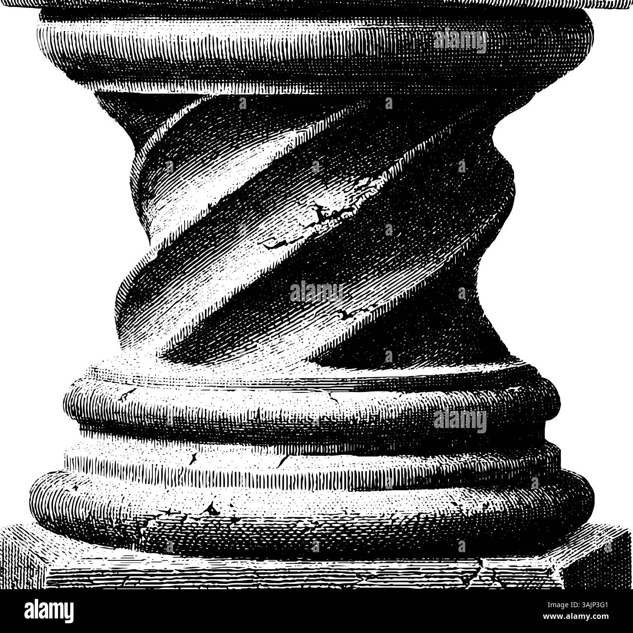 Detailed engraving of ornate spiral column base with textured patterns ...