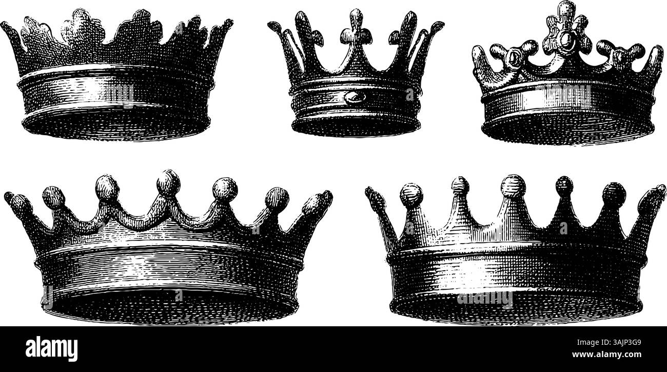 Vintage black and white illustrations of ornate crowns in various ...