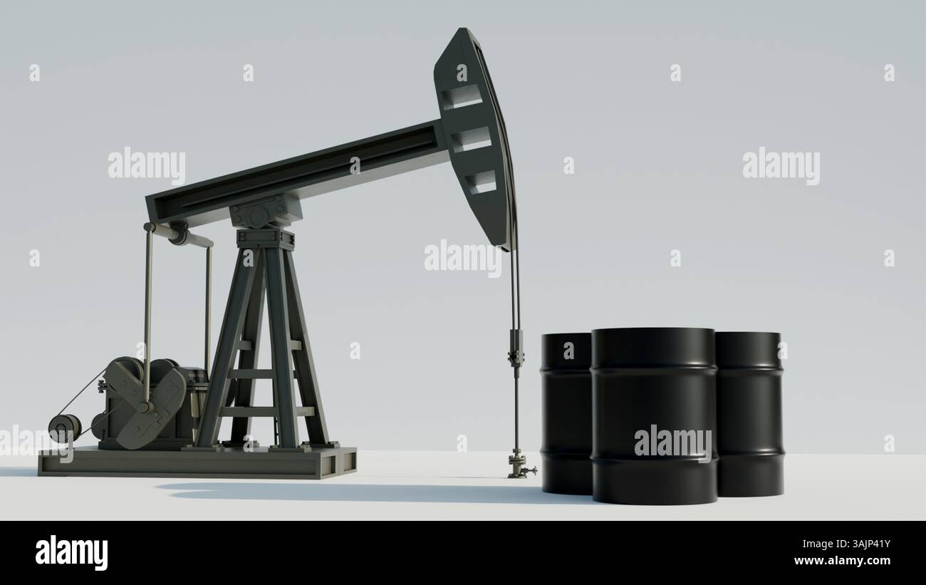 3D model of oil production pumping unit and black oil barrels on ...