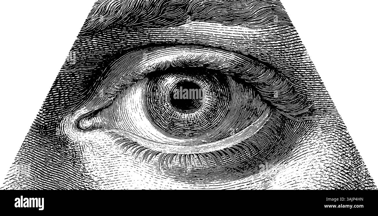 Detailed engraving of eye in pyramid illustrating symbolic all-seeing ...