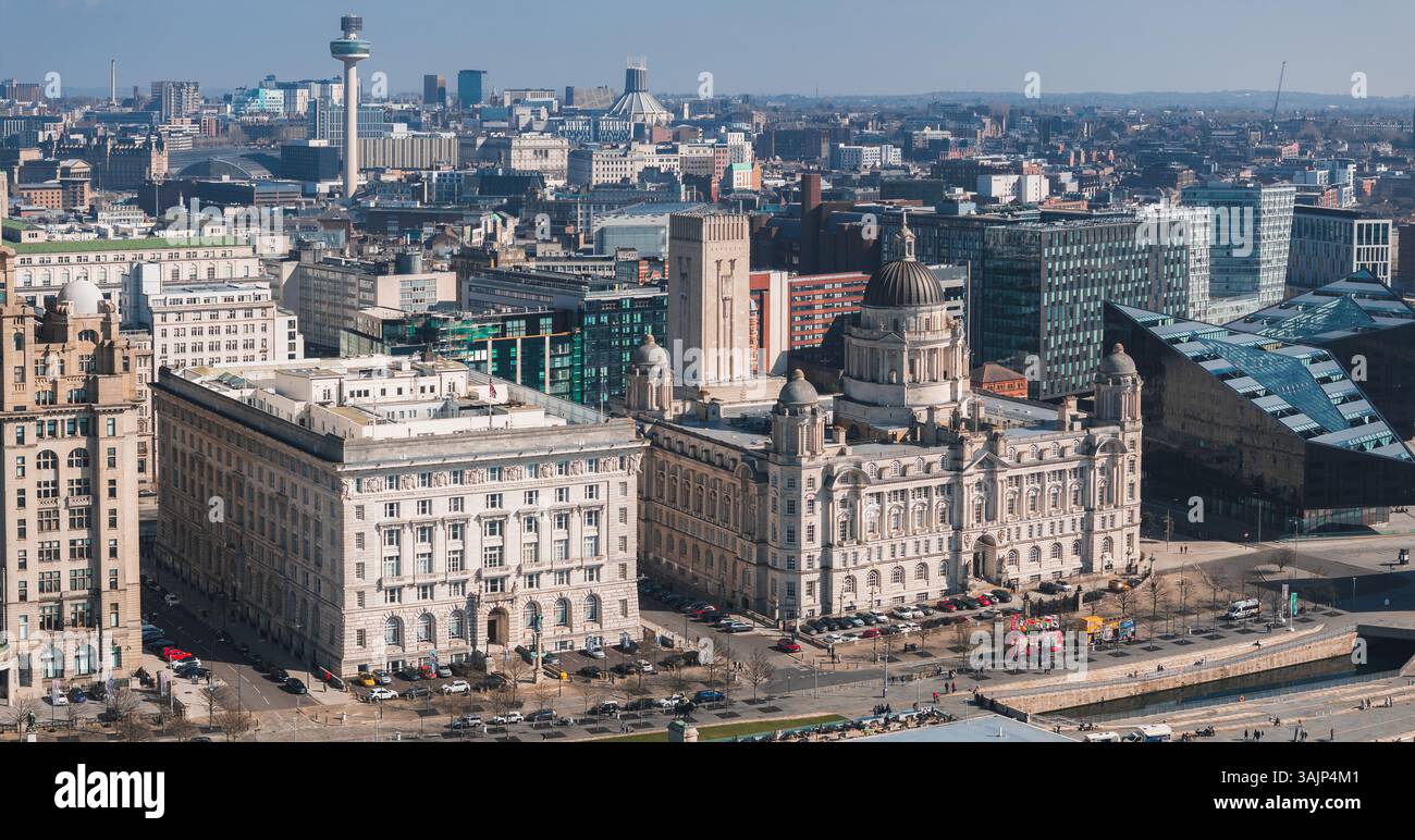 Aerial View of Liverpool Featuring the Three Graces and Skyline Stock ...