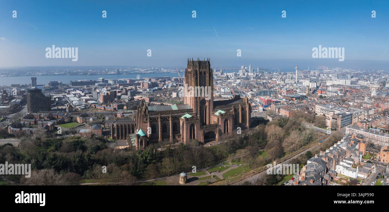Aerial View of Liverpool Featuring Liverpool Cathedral and River Mersey ...