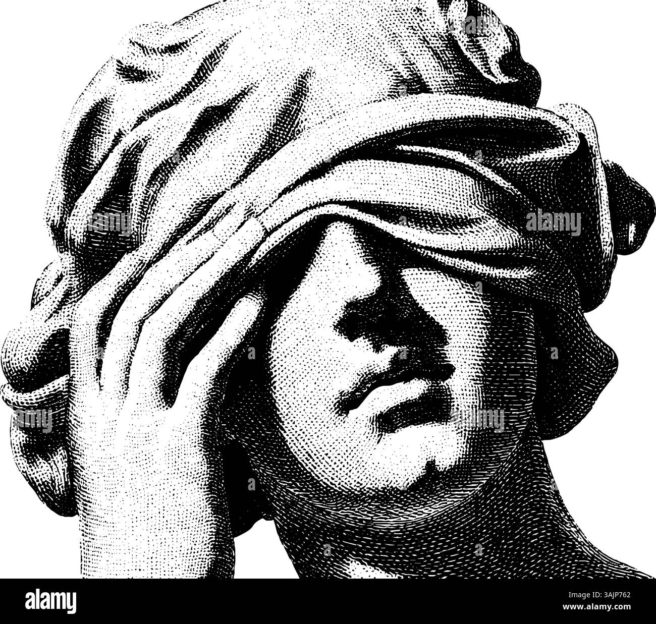 Classical marble sculpture of blindfolded figure with intricate drapery ...