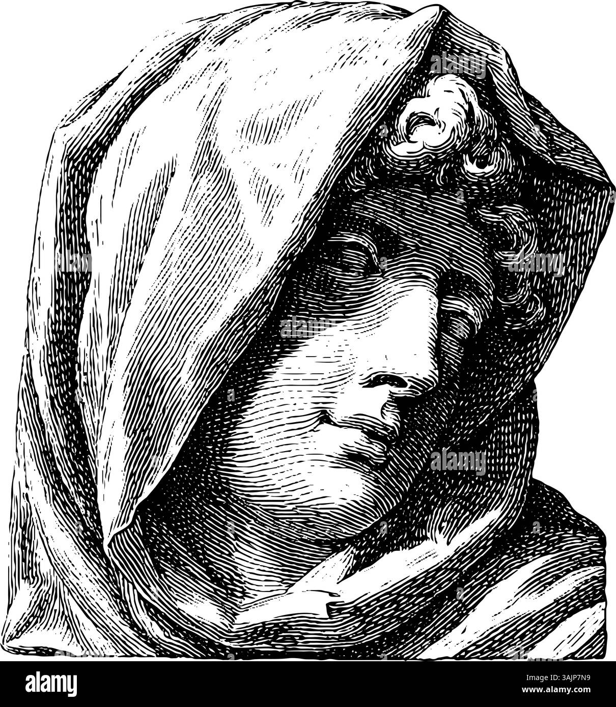 Intricate classical bust wearing hood with detailed features Stock ...