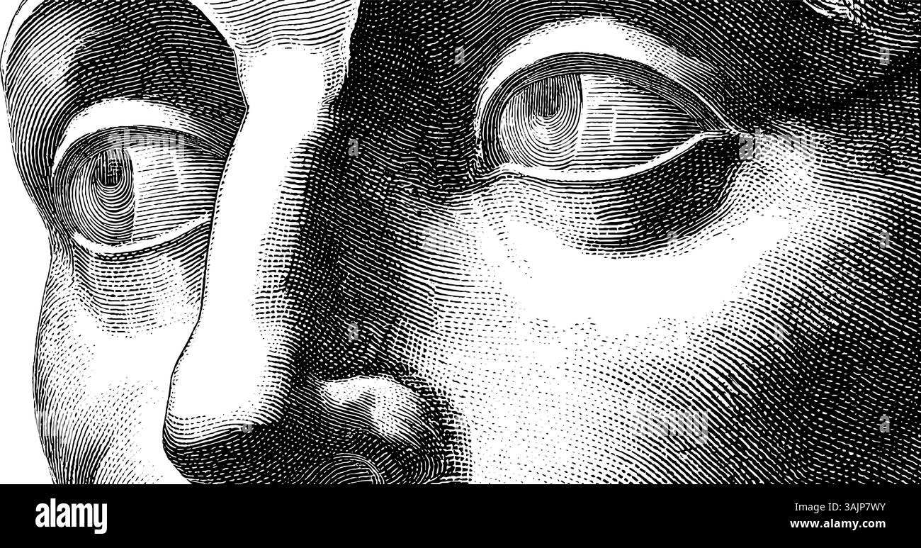 Detailed black and white engraving of a human face close-up Stock ...