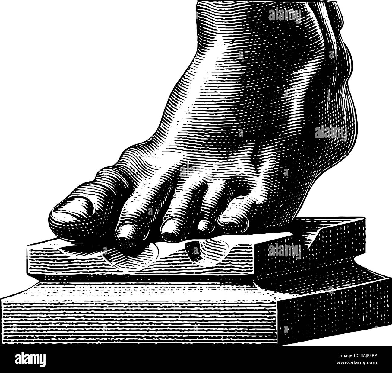 Engraved foot on pedestal stone, detailed black and white artwork Stock ...