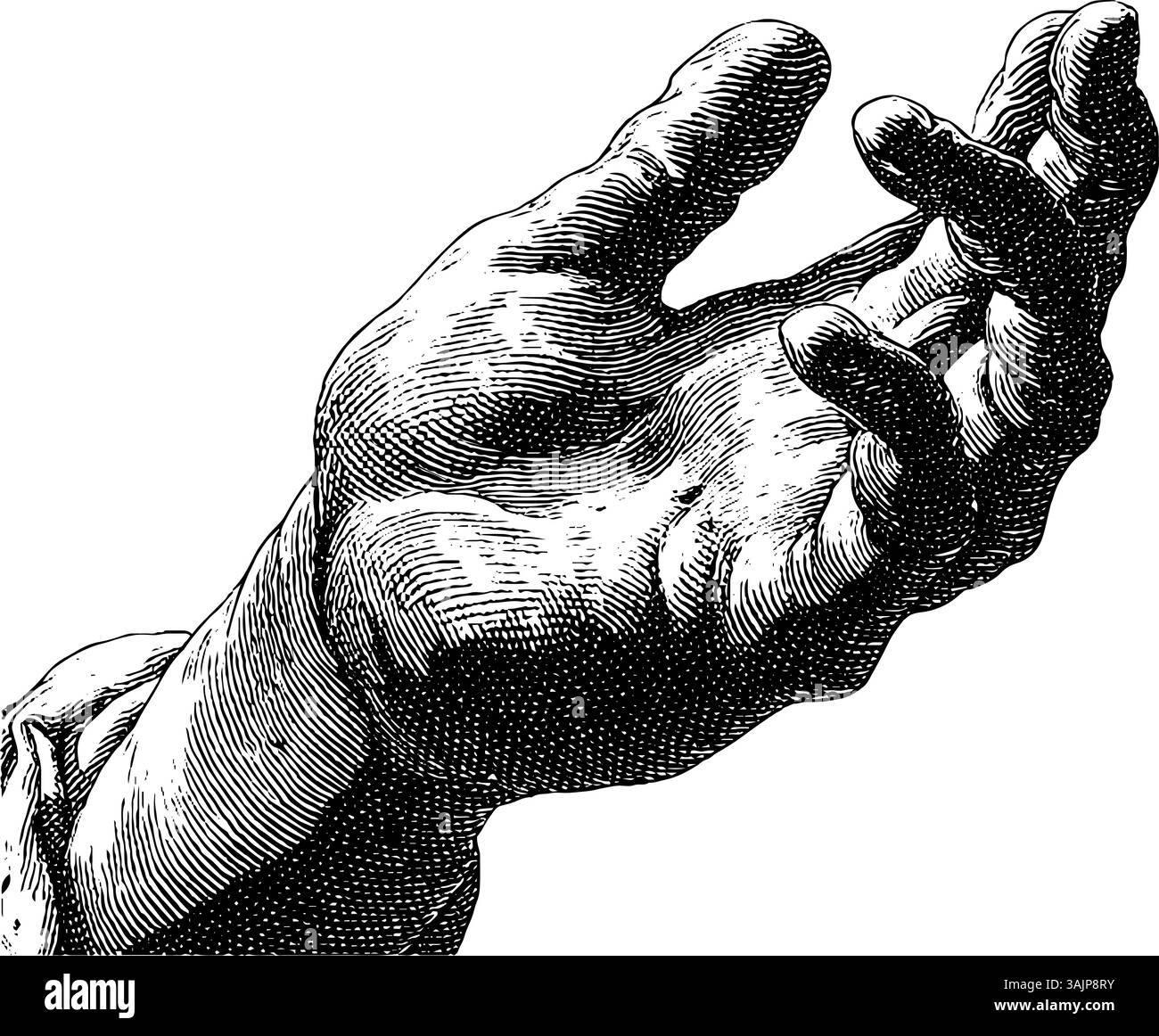 Detailed black and white engraving of an outstretched hand with ...