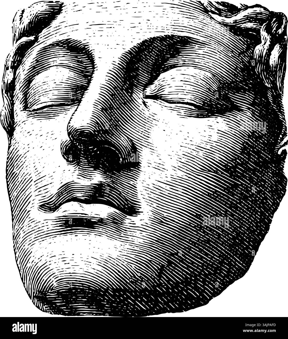 Intricate black and white engraving of a classical greek sculpture face ...