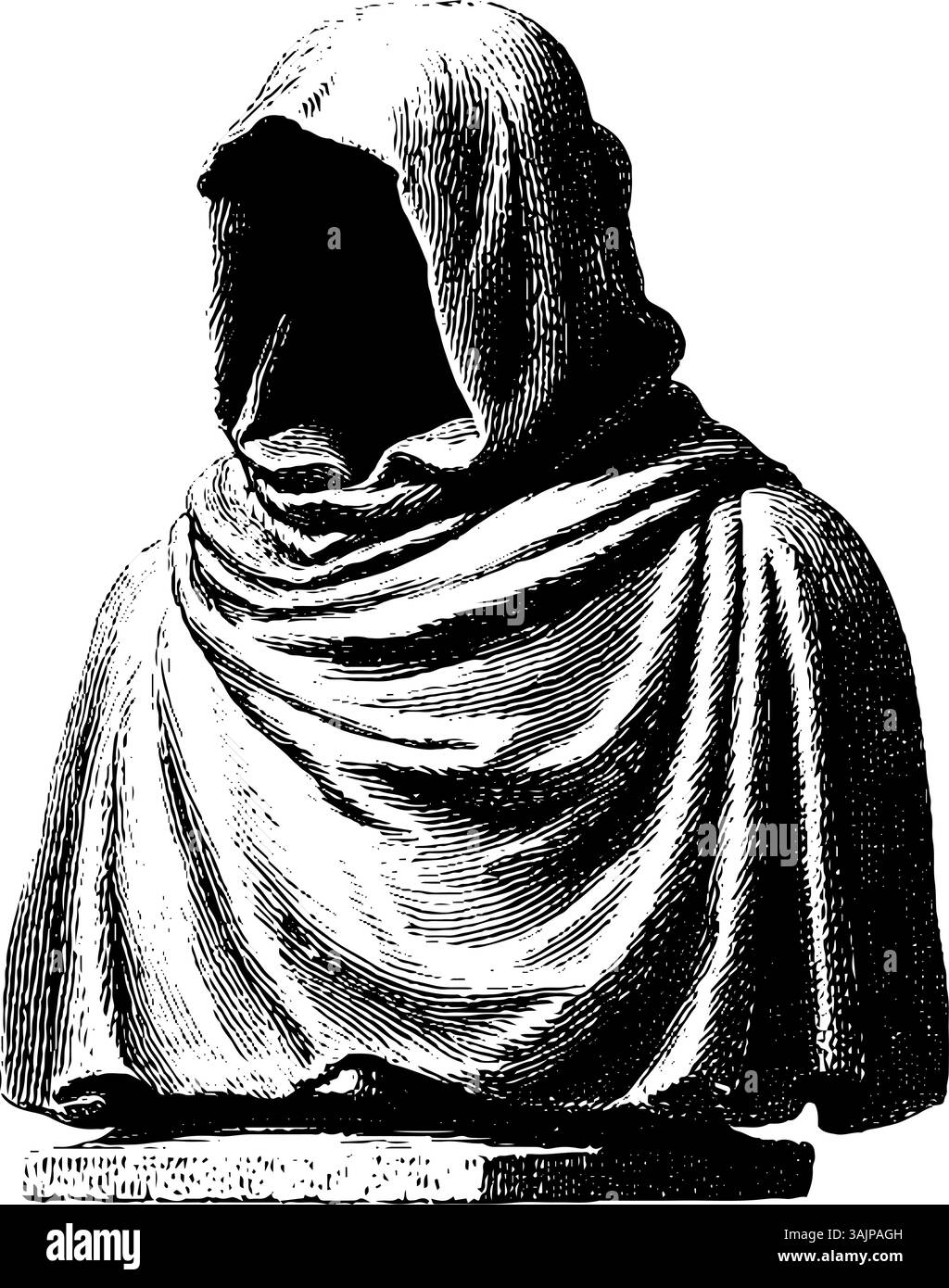 Mystery of the hooded cloaked statue in black and white illustration ...