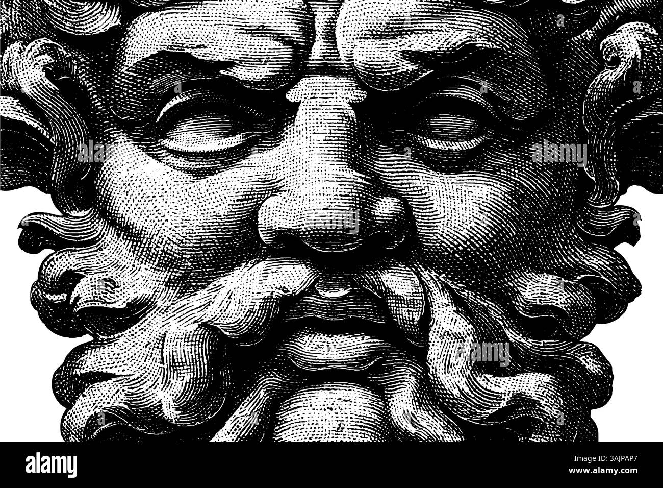 Intricate black and white engraving of mythical bearded face Stock ...