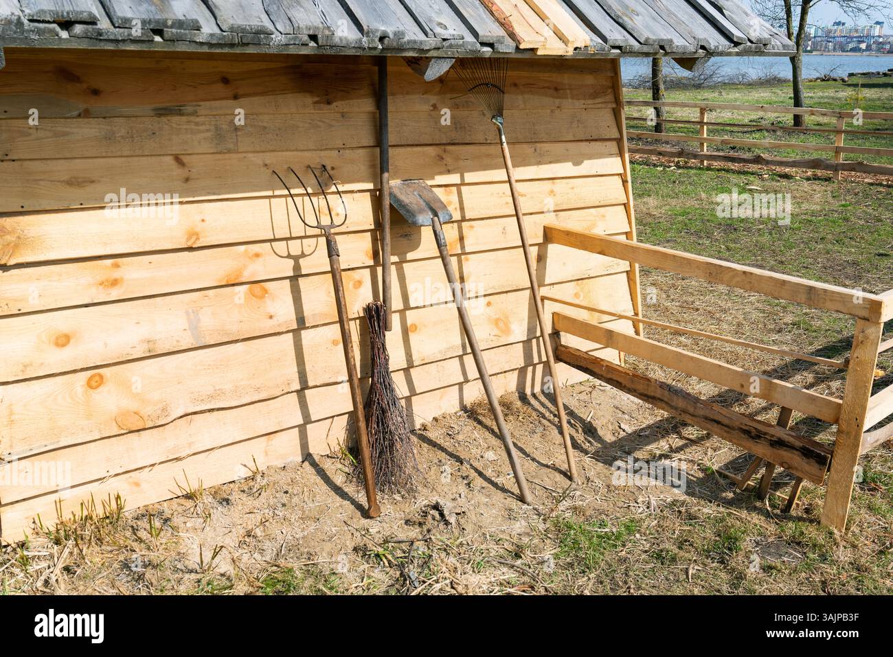 Old farming tools, including a pitchfork, shovel, rake, and broom, lean ...