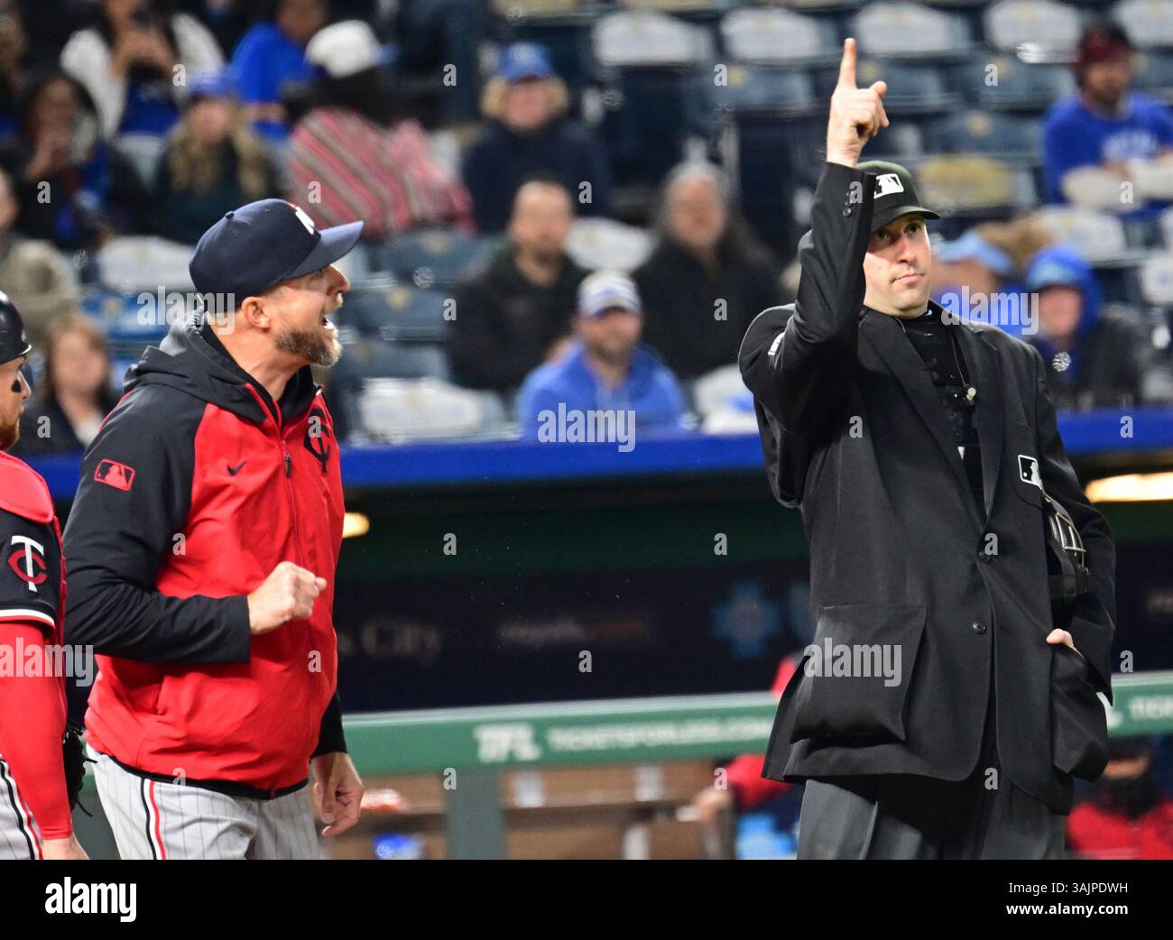 KANSAS CITY, MO -APRIL 07: Plate umpire Nic Lent ejects Minnesota Twins ...