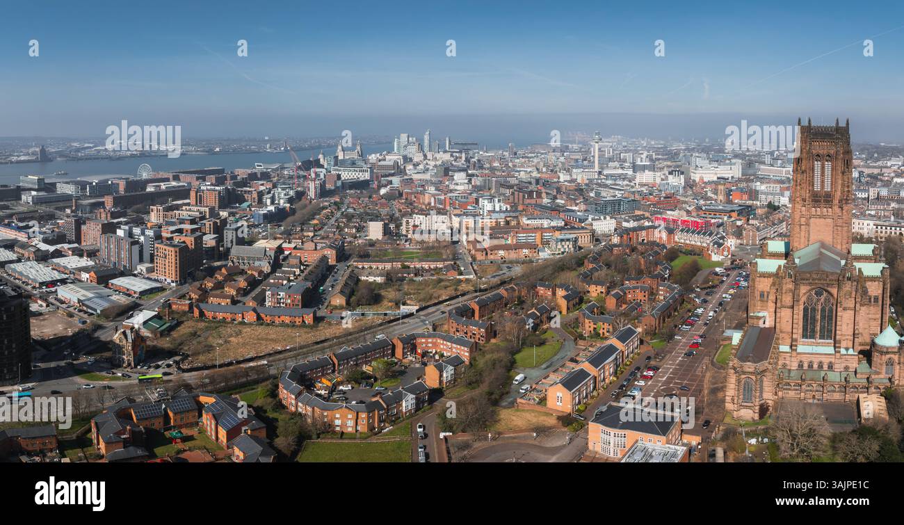 Aerial View of Liverpool Featuring Liverpool Cathedral and River Mersey ...