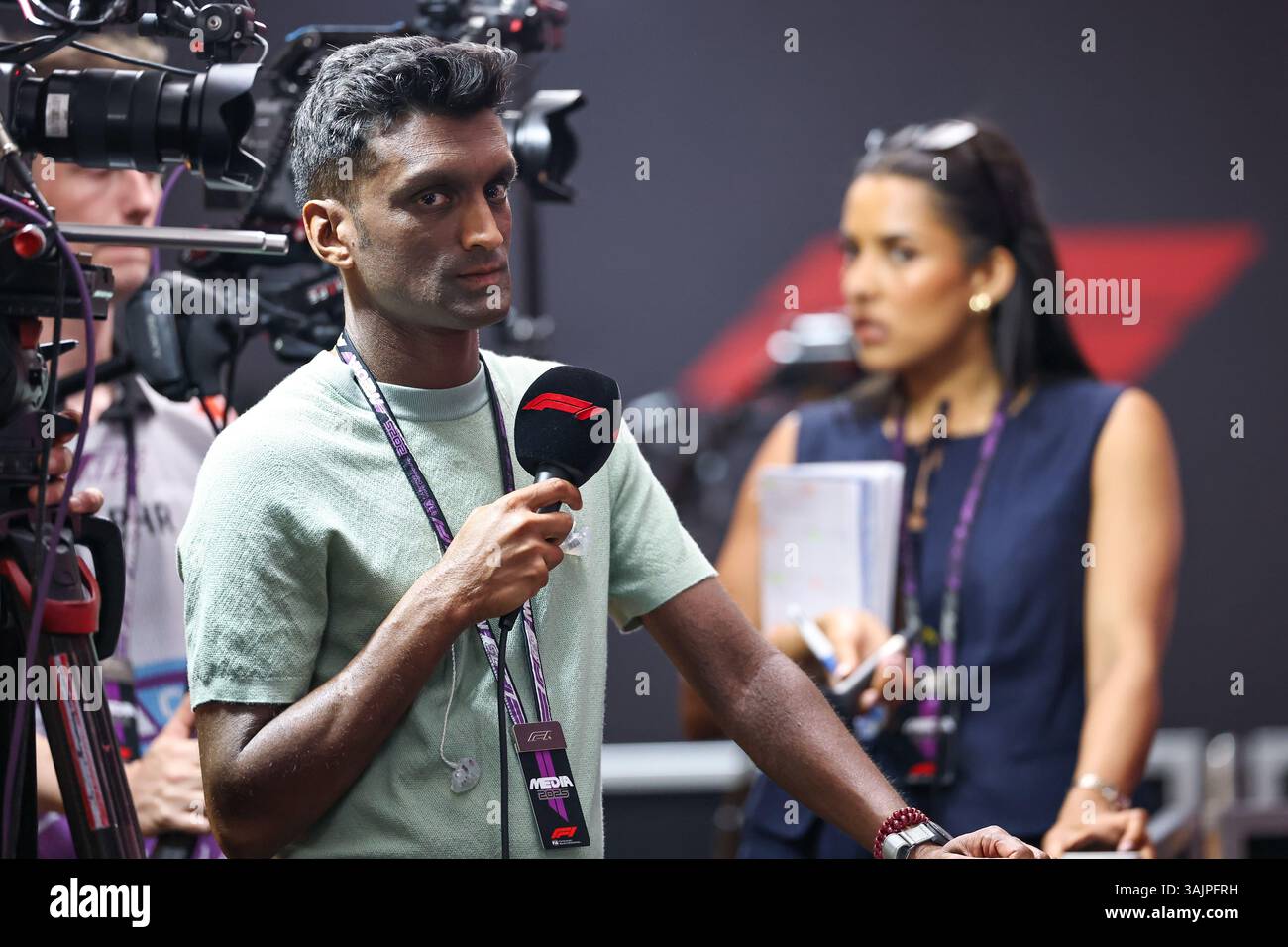 SAKHIR, BAHRAIN - APRIL 11: Lawrence Barreto, F1 TV Journalist looks on ...