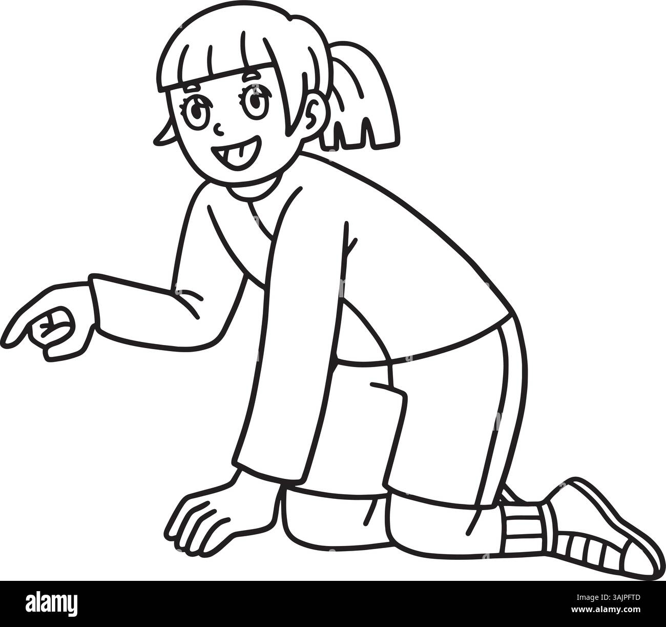 Girl Kneeling and Pointing Isolated Coloring Page Stock Vector Image ...