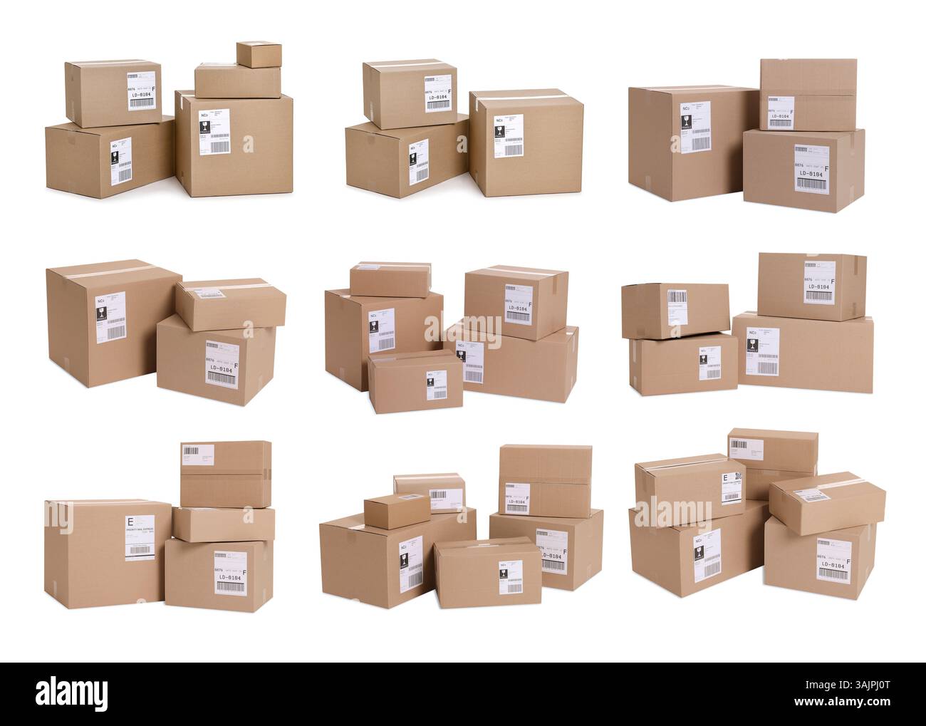 Many different parcels with shipping labels isolated on white, collage ...