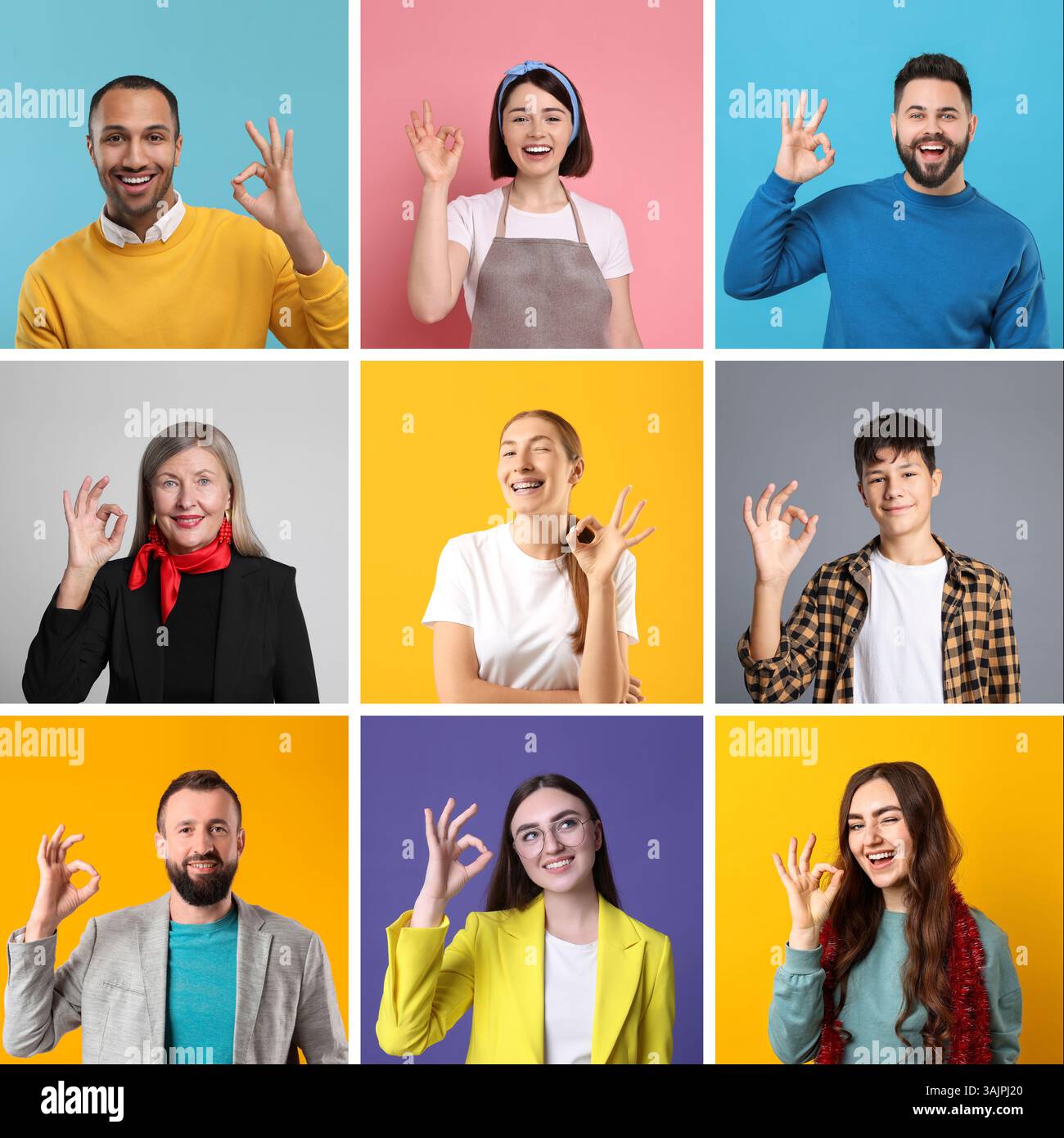 People showing Ok gesture on different colors backgrounds, collage Stock Photo - Alamy