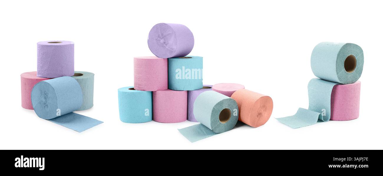 Colorful toilet paper rolls isolated on white, set Stock Photo - Alamy