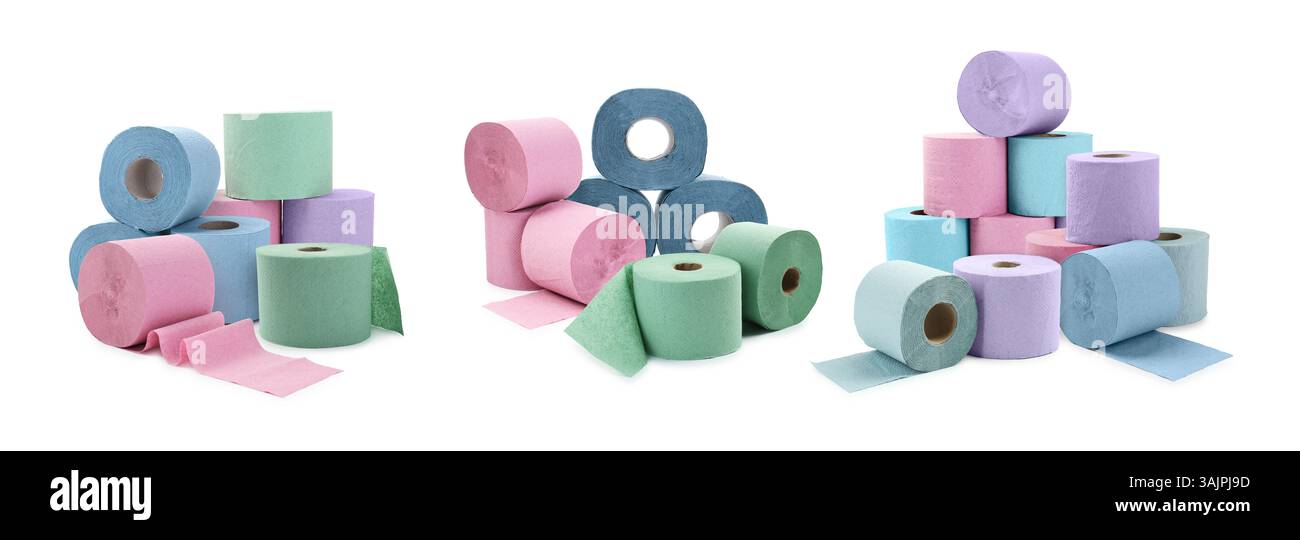 Colorful toilet paper rolls isolated on white, set Stock Photo - Alamy