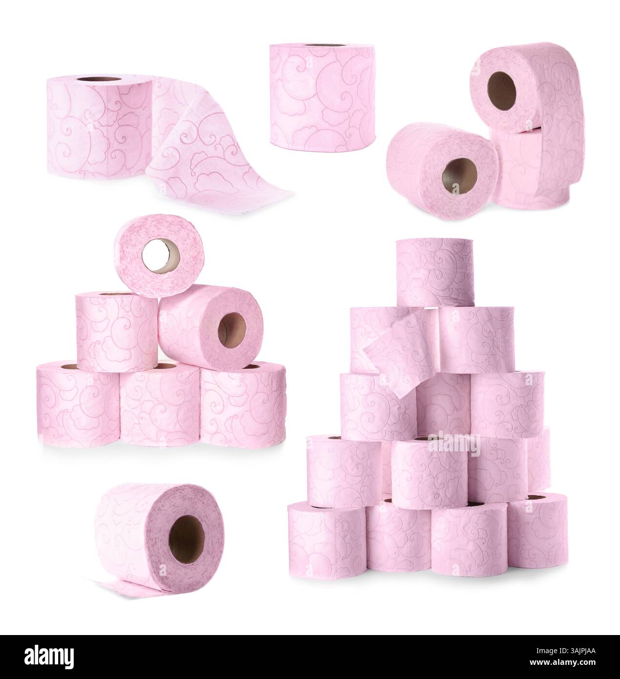 Pink toilet paper rolls isolated on white, set Stock Photo - Alamy