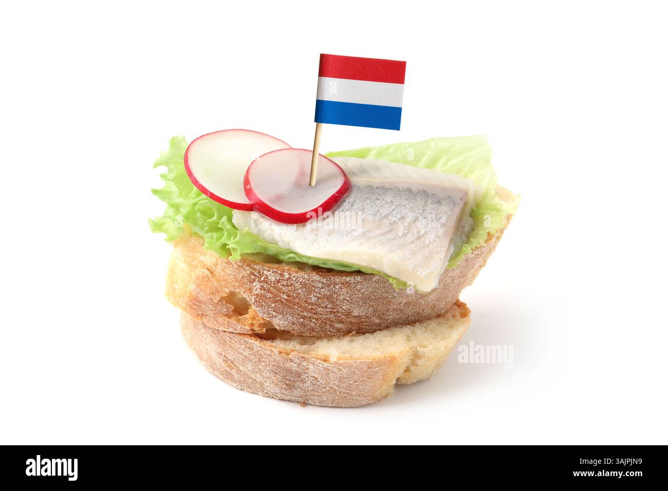 Tasty sandwich with herring and flag of Netherlands on white background ...