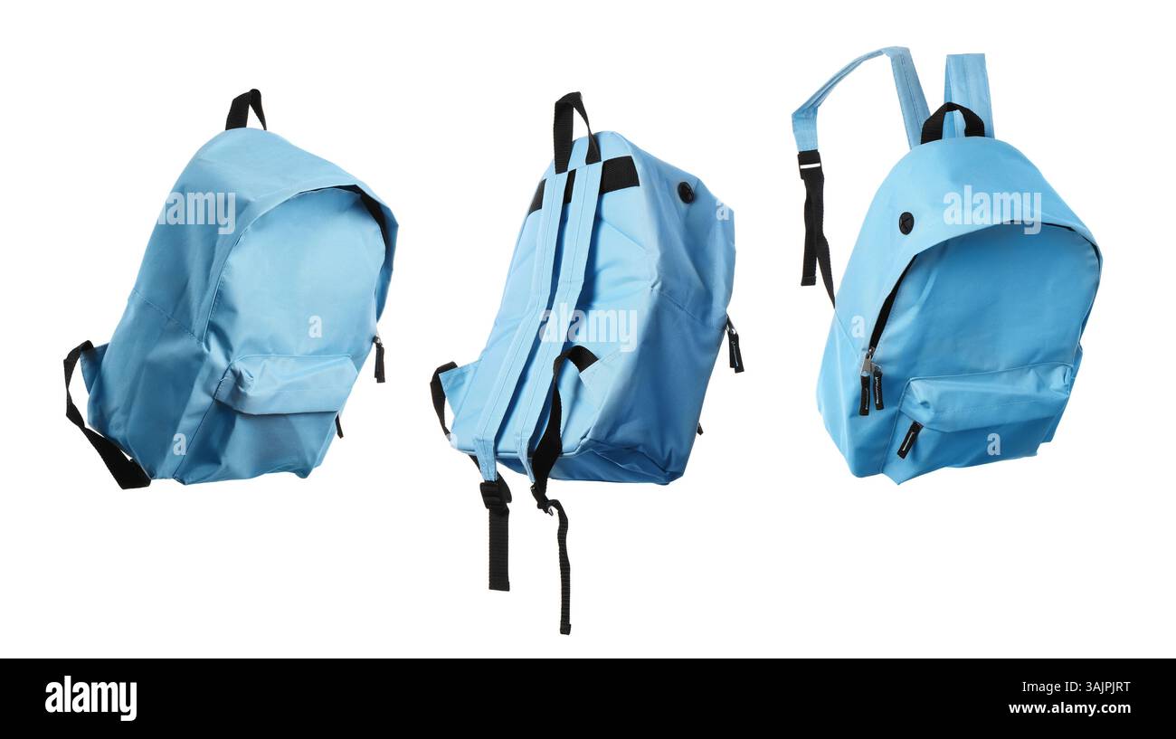 Light blue backpack isolated on white, collage. Different sides Stock ...