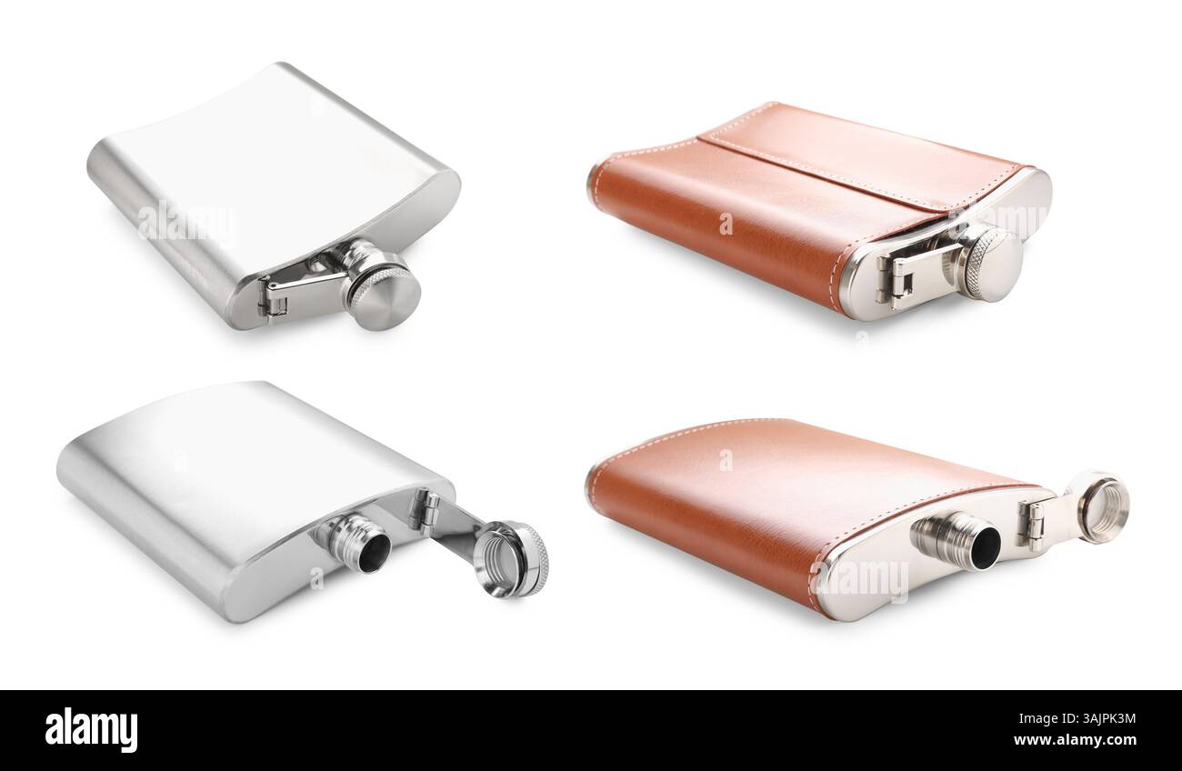Different hip flasks isolated on white, set Stock Photo - Alamy