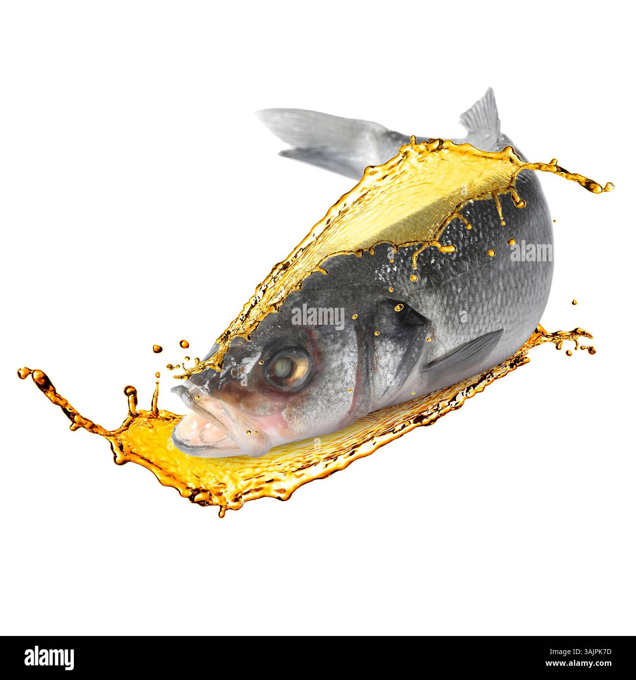 Fresh fish in oil splash on white background Stock Photo - Alamy