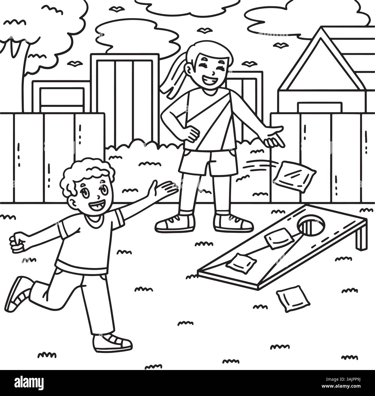 Cornhole Children Playing Coloring Page for Kids Stock Vector Image ...