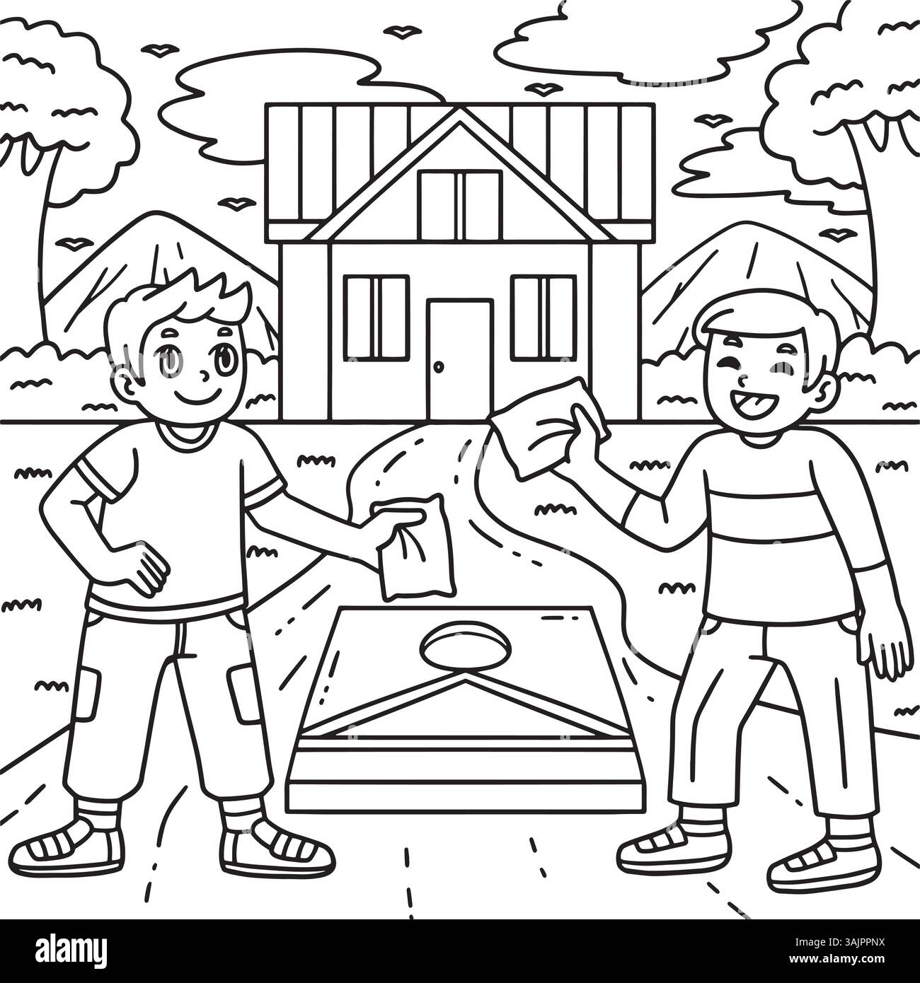 Cornhole Boys Playing Coloring Page for Kids Stock Vector Image & Art ...