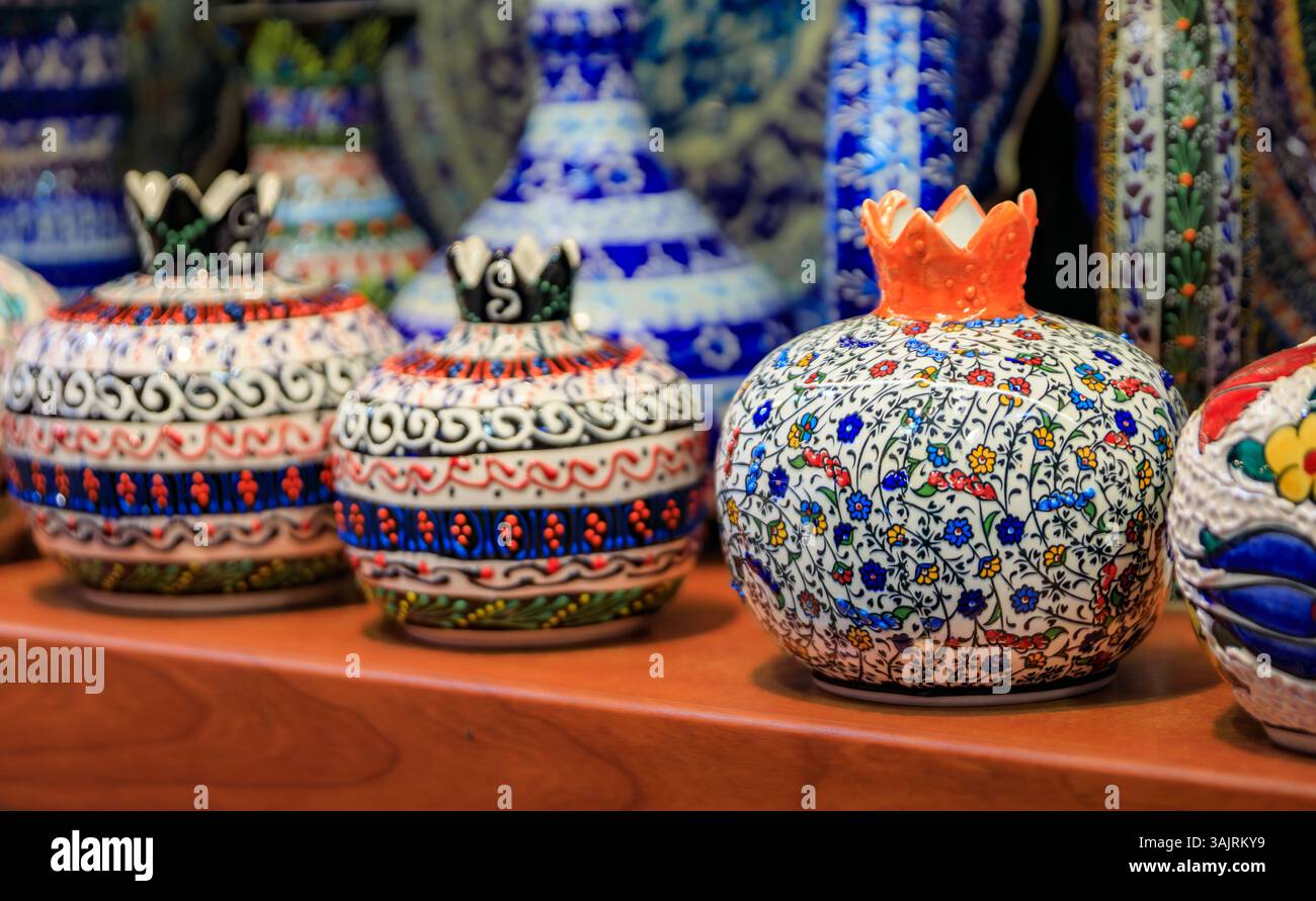 Ornate handmade Turkish ceramic Iznik pottery panel with a pomegranate ...