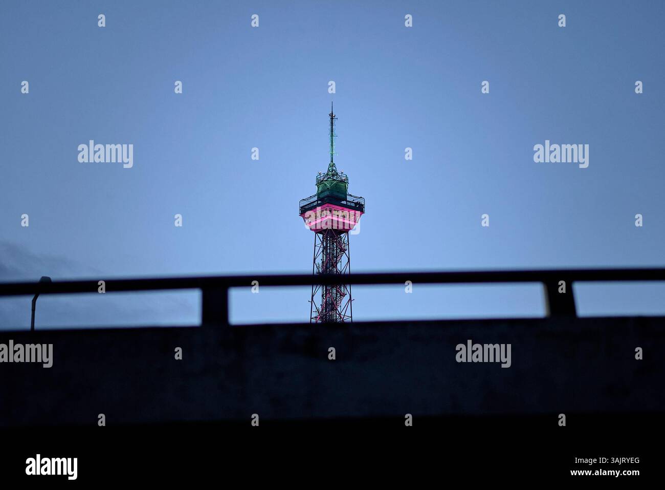 Berlin, Germany. 11th Apr, 2025. The top of the Funkturm Berlin towers into the evening sky ...