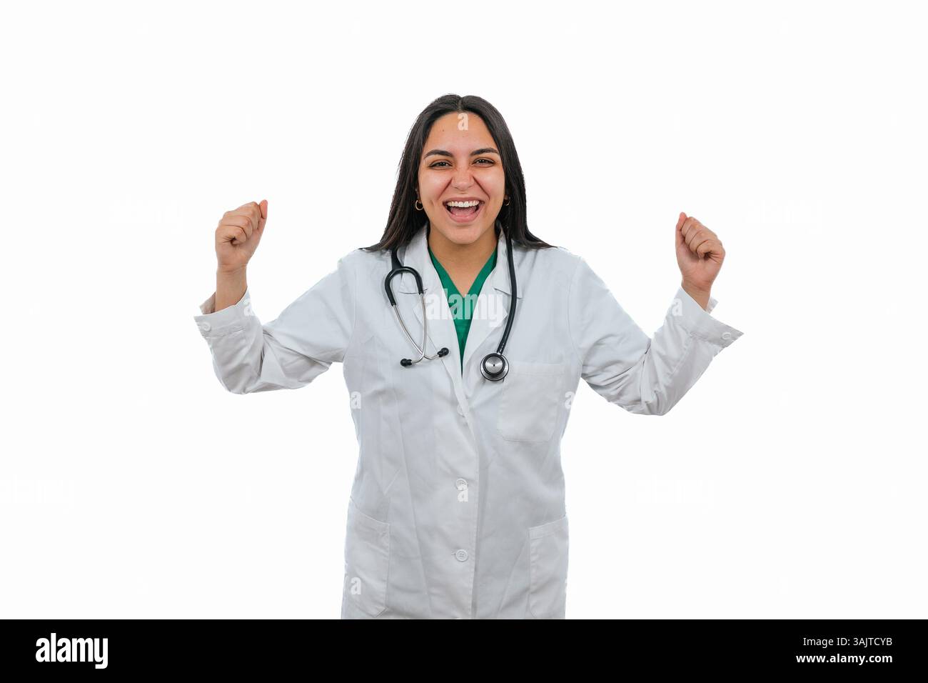 Young latin woman doctor wearing white coat and stethoscope raising ...
