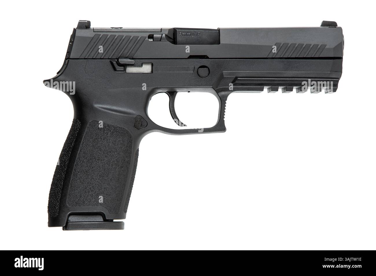 Modern black semi-automatic pistol isolated on white background, angled ...