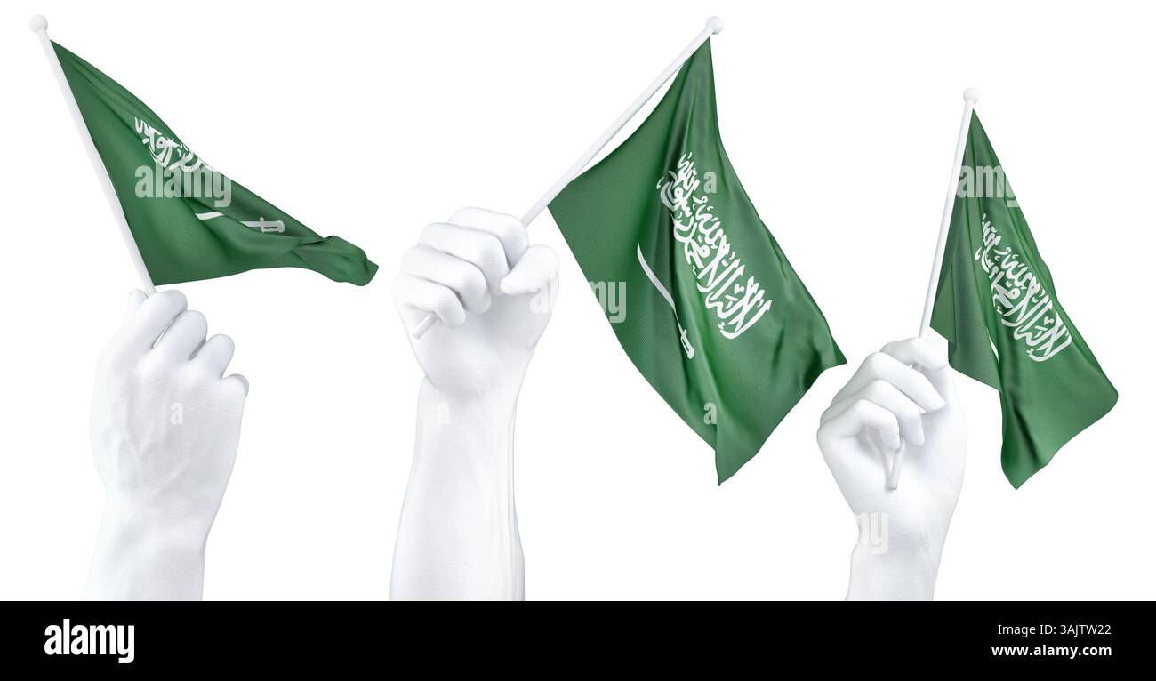 Hand holding flag of Saudi Arabia. Isolated 3d Rendering Stock Photo ...