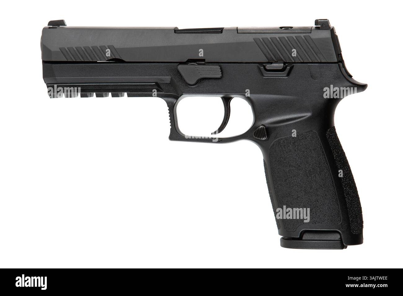 Modern black semi-automatic pistol isolated on white background, angled ...