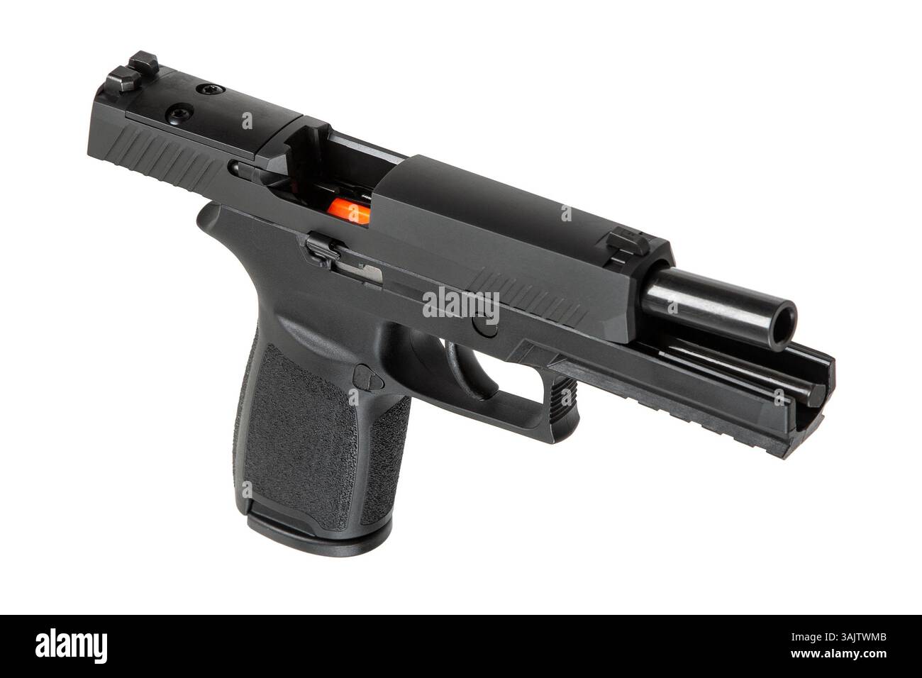 Modern black semi-automatic pistol with slide pulled back, revealing ...