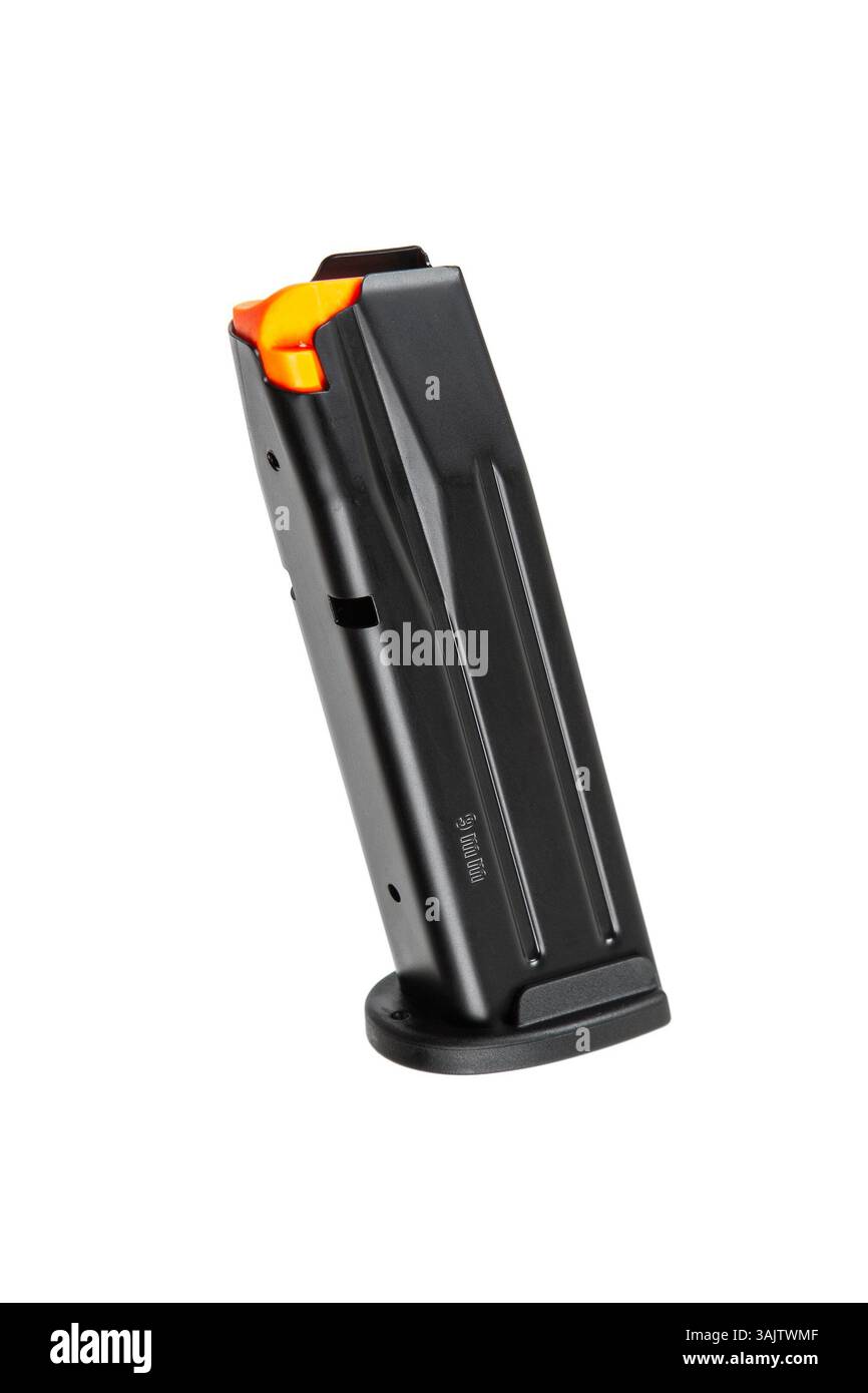 Black pistol magazine with orange follower, standing upright, isolated ...