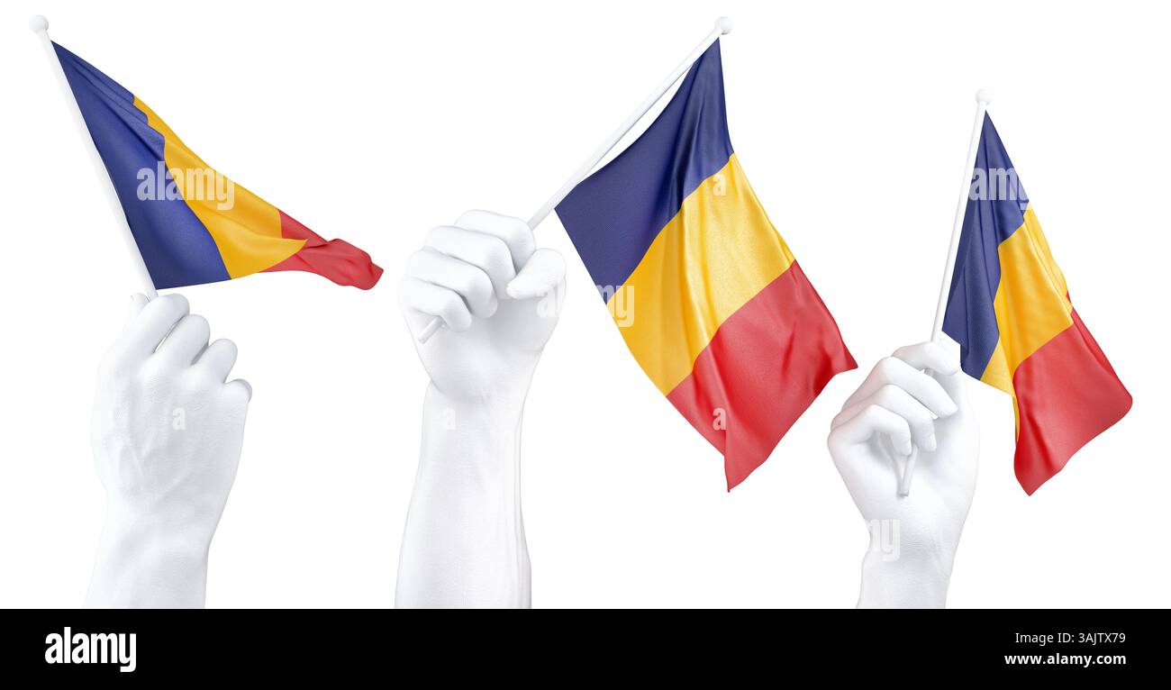 Hand holding flag of Romania. Isolated 3d Rendering Stock Photo - Alamy