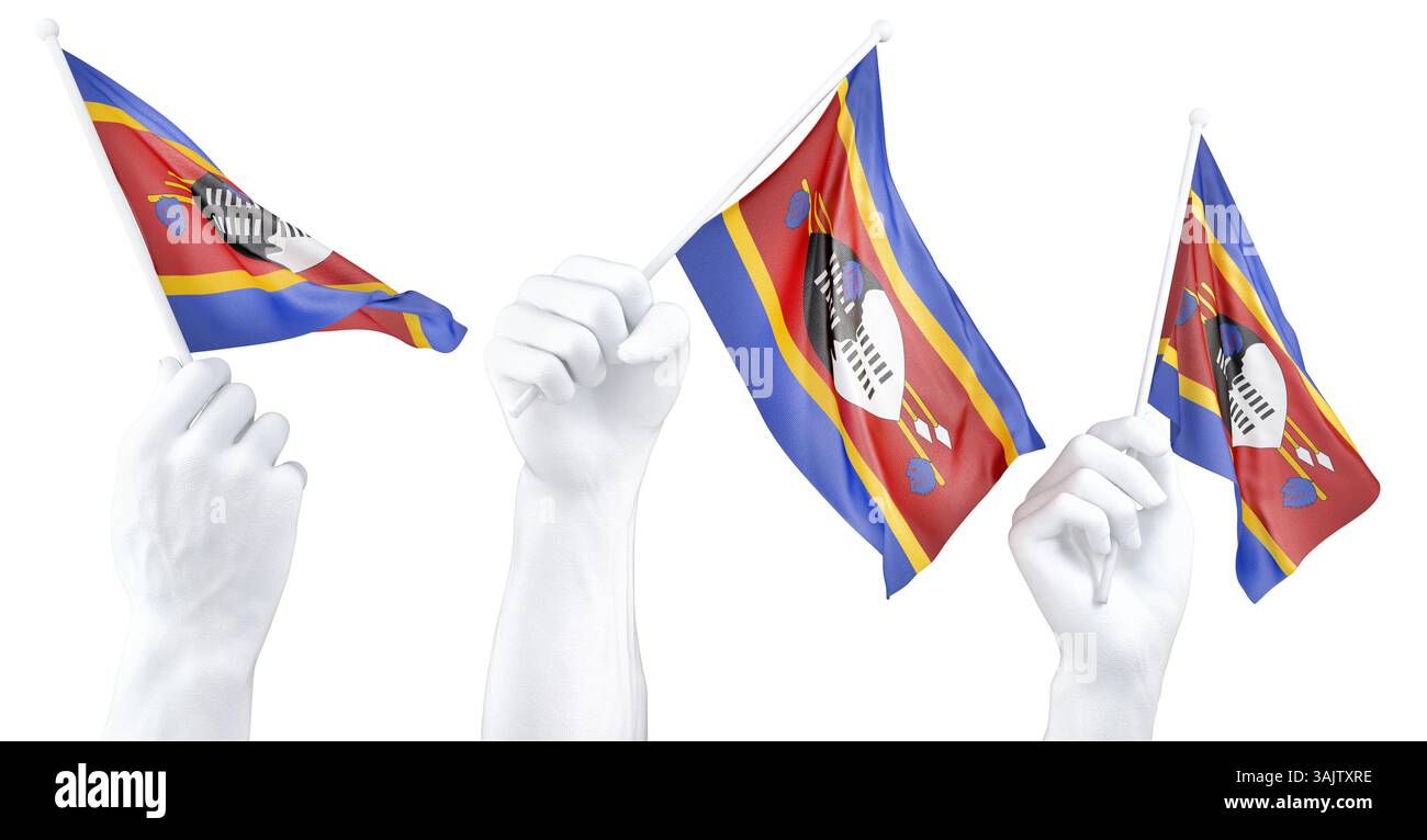 Hand holding flag of Eswatini (Swaziland). Isolated 3d Rendering Stock Photo - Alamy