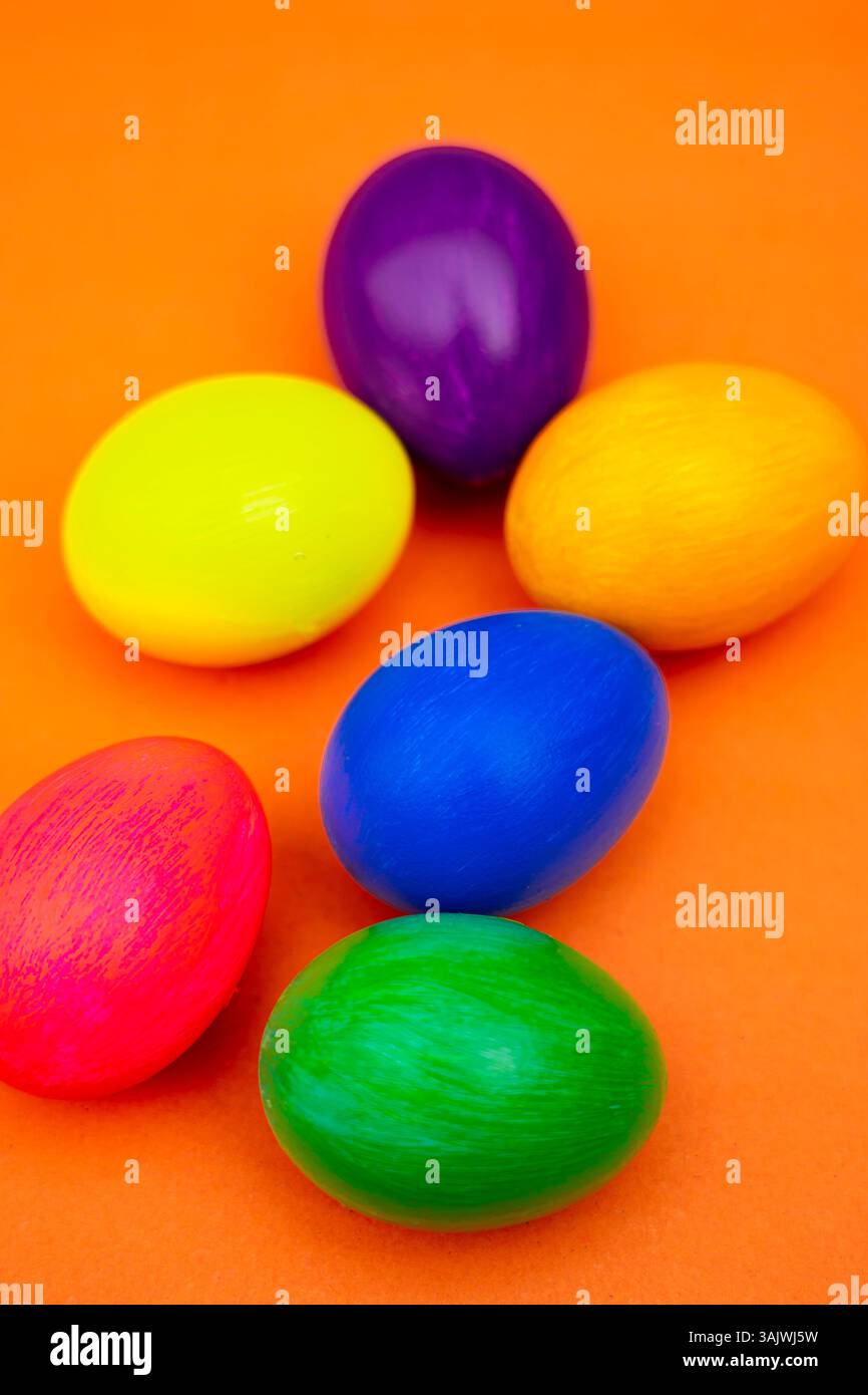 Easter Flat Lay with Multicolor Eggs in Rustic Bowl Isolated On Orange ...