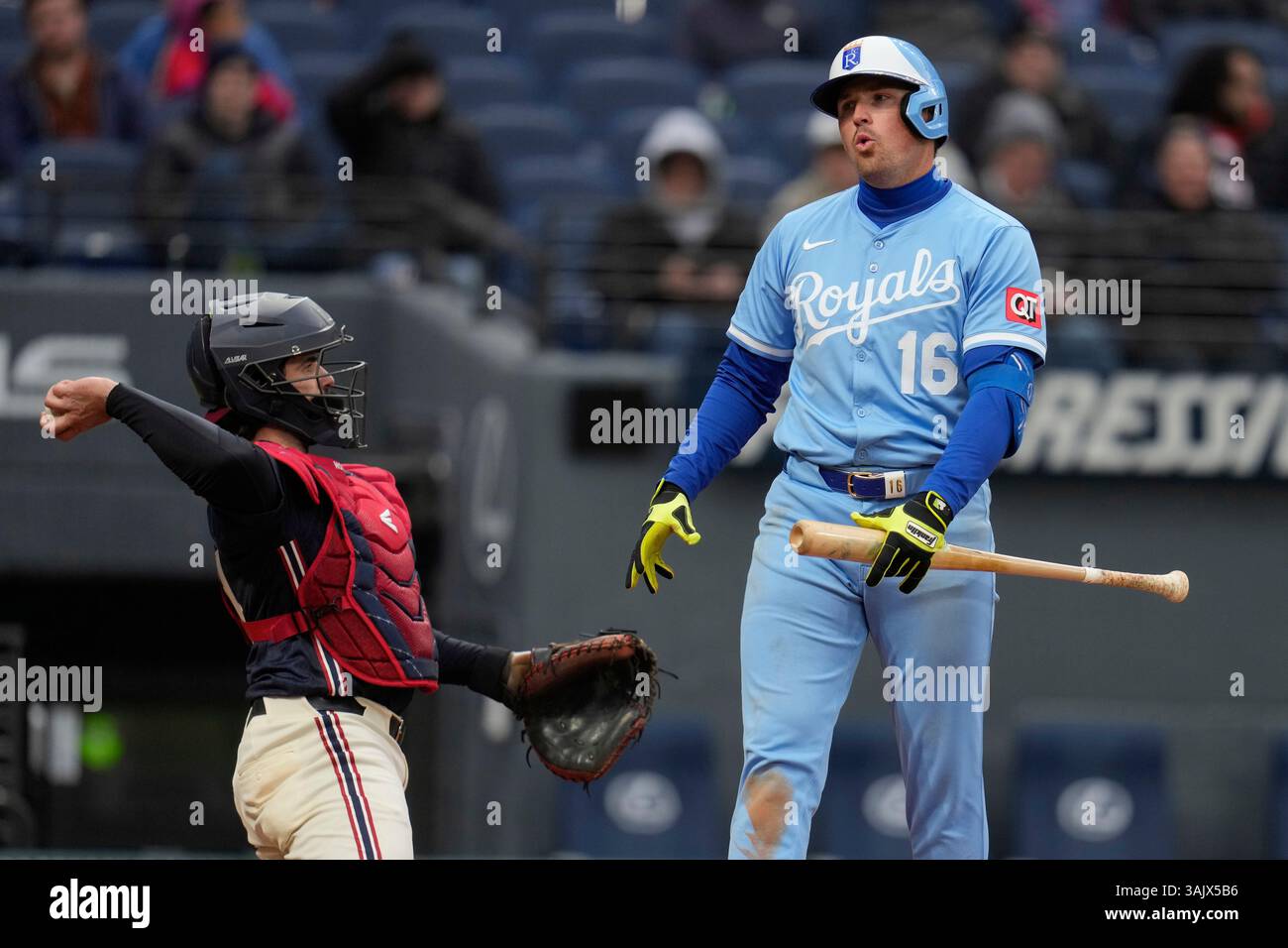 Kansas City Royals' Hunter Renfroe (16) reacts in front of Cleveland ...