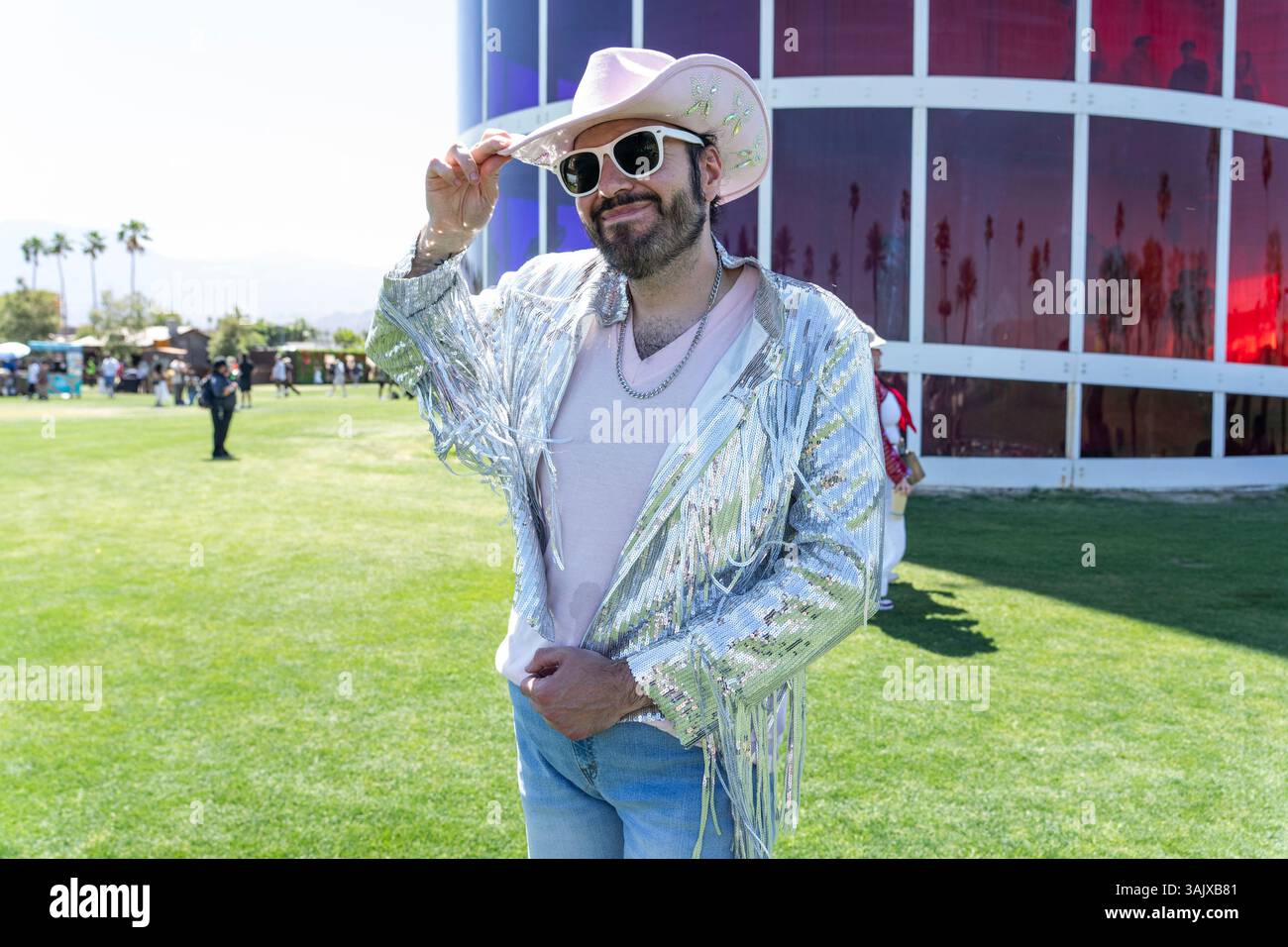 Festivalgoer Tyler Perrino of Phoenix poses during the first weekend of ...
